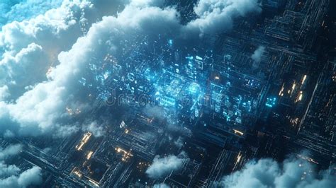 Futuristic Digital Cityscape Abstract Cloud Network Technology Blue Glowing Lines 3d Art Data