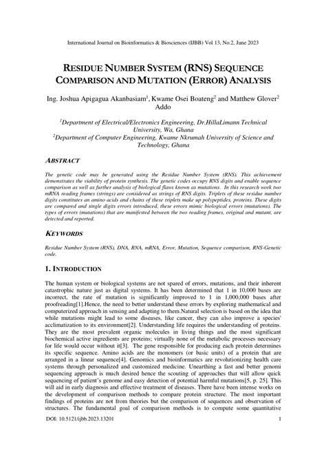 Pdf Residue Number System Rns Sequence Comparison And Mutation Error Analysis