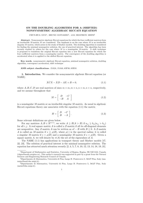 pdf on the doubling algorithm for a shifted nonsymmetric algebraic