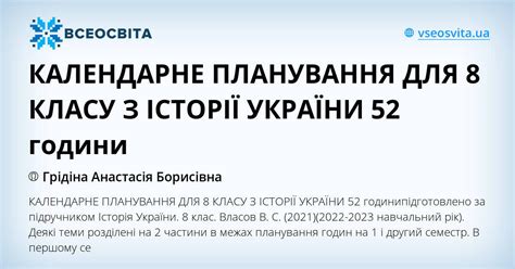 КАЛЕНДАРНЕ ПЛАНУВАННЯ ДЛЯ 8 КЛАСУ З ІСТОРІЇ УКРАЇНИ 52 години Робоча програма Історія України