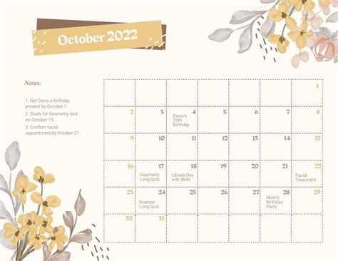 Floral October 2022 Calendar Template In Illustrator Psd Word