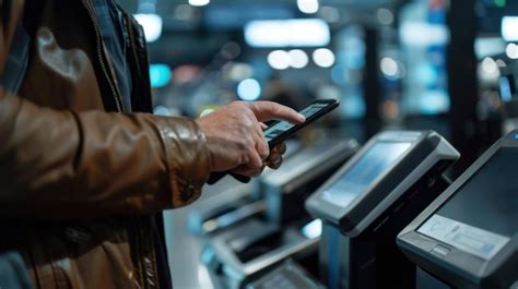 Premium Photo A Man Using A Smartphone To Scan A Boarding Pass At The Airport
