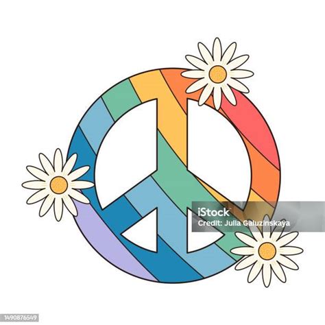 히피 복고풍 그루비 무지개 평화 상징 데이지 보헤미안 사이키델릭 만화 요소 흰색 배경에 분리된 벡터 그림입니다 1960 1969 년에 대한 스톡 벡터 아트 및 기타 이미지