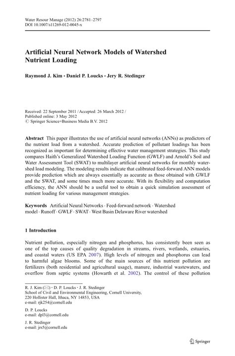 Pdf Artificial Neural Network Models Of Watershed Nutrient Loading