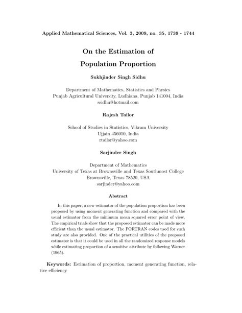 Pdf On The Estimation Of Population Proportion