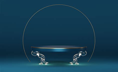 현대 무대 디스플레이 및 미니멀리스트 모형 추상 쇼케이스 배경 개념 3d 그림 또는 3d 렌더링을 위한 파란색 구성의 유리 인형이 있는 연단 3차원 형태에 대한 스톡 사진