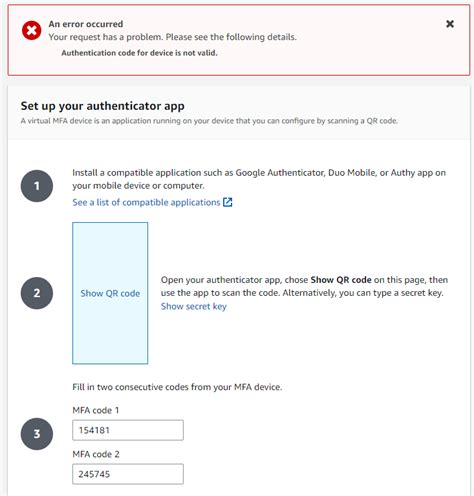 totp mfa code aws authentication code for device is not valid