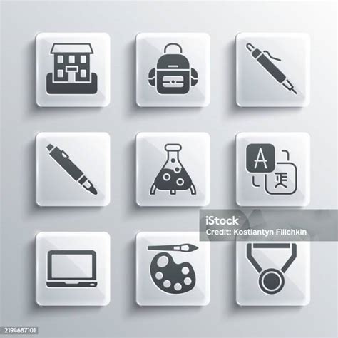 팔레트 메달 번역기 시험관 및 플라스크 노트북 마커 펜 학교 건물 및 펜 아이콘이있는 페인트 브러시 세트 벡터 3위에 대한 스톡 벡터 아트 및 기타 이미지 Istock
