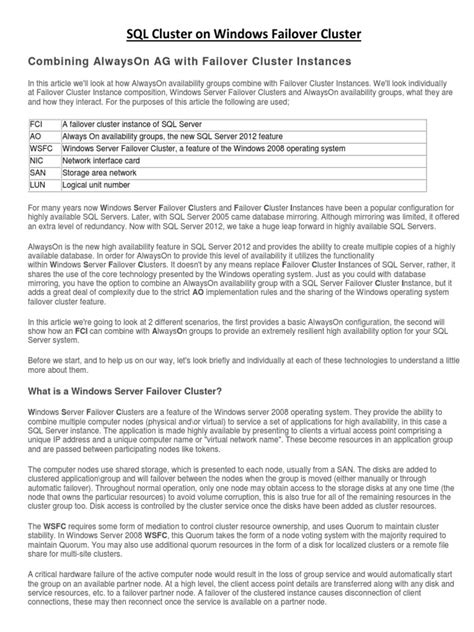 Sql Cluster On Windows Failover Cluster Pdf Computer Cluster Microsoft Sql Server