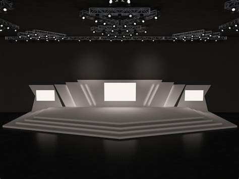계단 전면 보기 홀 내부 3d 렌더링 그림이 있는 이벤트 빈 무대 디자인 프리미엄 사진