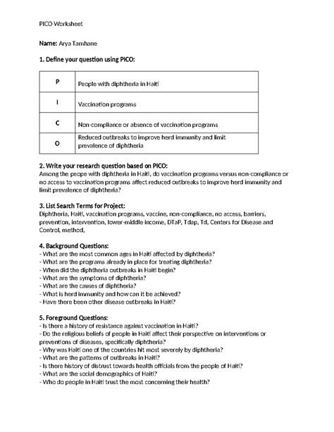 Pico Worksheet Pico Assignment Pico Worksheet Name Arya Tamhane