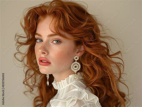 Foto De 주얼리 룩북 긴 빨간 머리 곱슬 머리를 가진 측면 프로필 백인 모델 어깨는 편안하고 귀는 눈길을 끄는 다이아몬드 귀걸이 베이지 배경 Do Stock