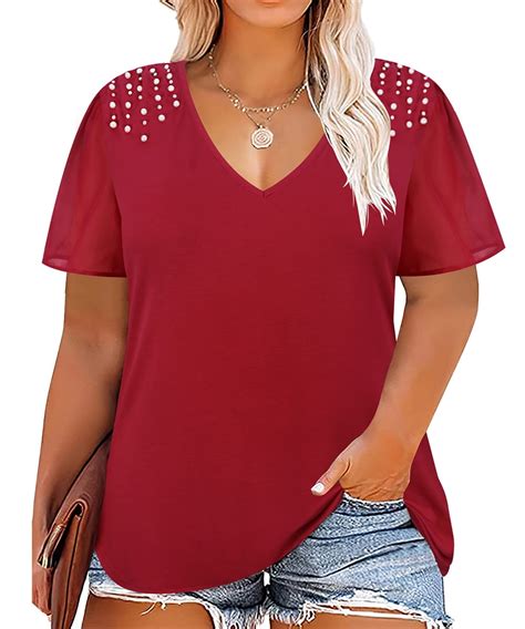 Tiyomi Plus Size Chiffon Tops For Women Wine Red V Neck Pearls Pullover