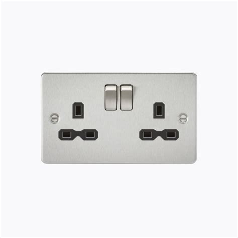 Flat Plate 13A 2G DP Switched Socket Brushed Chrome With Black Insert Evolution Electronics