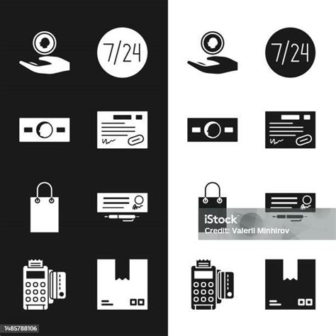 보증서 템플릿 지폐 현금 동전을 들고 있는 손 시계 24시간 쇼핑백 은행 수표 펜 교통 기호가 있는 골판지 상자 및 Pos 단말기 신용 카드 아이콘을 설정합니다 벡터 24에