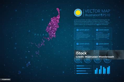 팔라우 지도 인포그래픽 템플릿은 다이어그램 그래프 프리젠테이션 및 파란색 배경에 추상적인 기하학적 메쉬 다각형 조명 개념이 있는 차트입니다 팔라우에 대한 스톡 벡터 아트 및