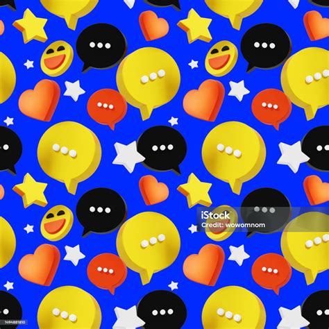 별과 심장이 있는 파란색 배경에 말풍선과 이모티콘의 3d 매끄러운 패턴 소셜 미디어 그림의 3d 디자인 0명에 대한 스톡 사진 및 기타 이미지 Istock