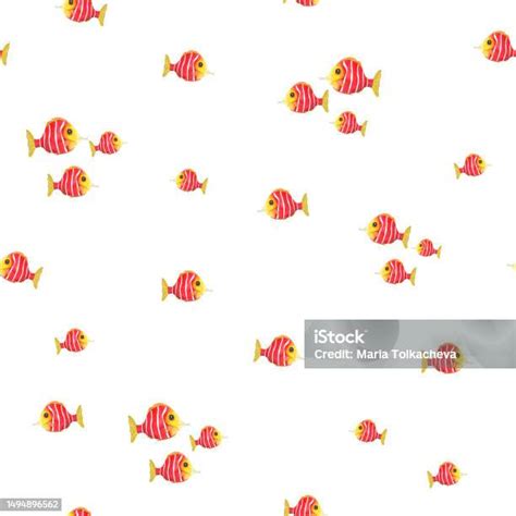 수채화 물감 매끄러운 패턴은 흰색 배경에 분리된 다채로운 물고기의 패턴입니다 벽지 인쇄물 아기 섬유 보육원 스크랩북 엽서 의류에 적합합니다 만화 스타일 고정됨에 대한 스톡