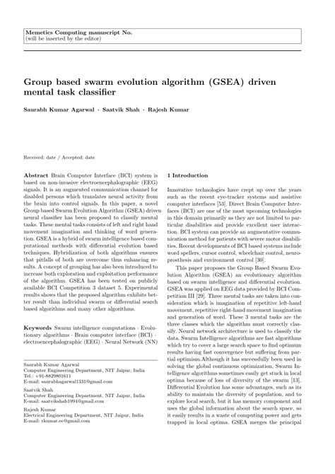 Pdf Group Based Swarm Evolution Algorithm Gsea Driven Mental Task