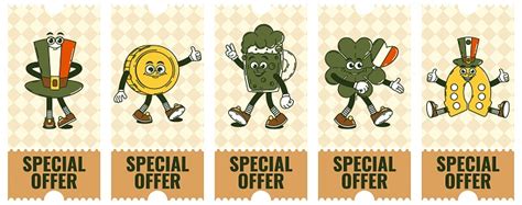 해피 세인트 패트릭 데이 레트로 쿠폰 프로모션 세트 할인 배너 상품권 펑키한 그루비 만화 캐릭터 빈티지 재미 마스코트 패치 사이키델릭 미소와 감정 만화 유행 벡터 일러스트