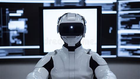 Robot Wearing Virtual Reality Headset Monitoring Cyber Security Stock