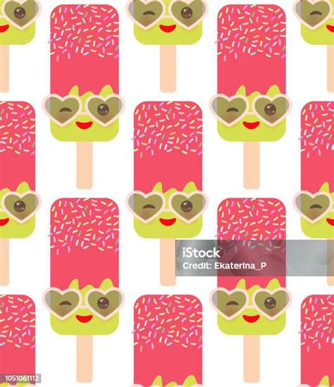 원활한 패턴 핑크 아이스크림 얼음 사탕 뿌리와 흰색 바탕에 분홍색 뺨과 눈 선글라스 파스텔 색상으로가이 벡터 개념에 대한 스톡 벡터 아트 및 기타 이미지 Istock