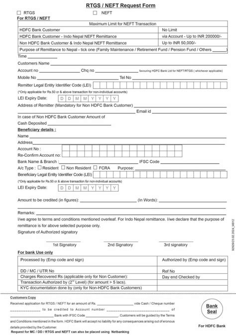 HDFC Bank DD MC And RTGS NEFT Application Form In PDF Download