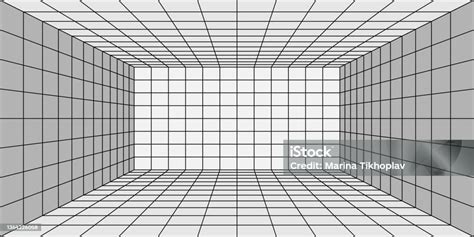 원근 그리드가 있는 3d 룸 코너 내부 와이어 프레임 라인 가상 현실 배경 인테리어 디자인에 대한 기본 타일 패턴 원 포인트 관점보기 벡터 일러스트레이션 바둑판에 대한 스톡