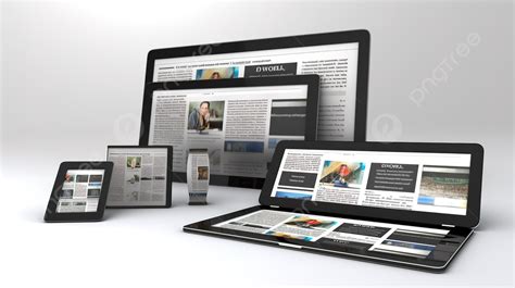 날아다니는 장치가 있는 반응형 뉴스 웹 사이트의 3d 렌더링 반응형 웹사이트 응답 장치 반응하는 배경 일러스트 및 사진