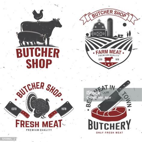 소 쇠고기 닭고기와 정육점 배지 또는 라벨 세트 벡터 소 치킨 실루엣빈티지 타이포그래피 디자인 도살장 고기 가게 시장 레스토랑 사업 로고에 대한 스톡 벡터 아트 및 기타