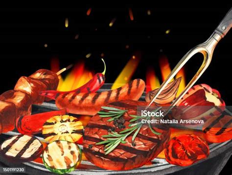 수채화 바베큐 고기 바베큐 스테이크 쇠고기 야채 조각 블랙 바베큐 포크 그릴 손으로 그린 그림은 검은색 배경에 분리되어 있습니다
