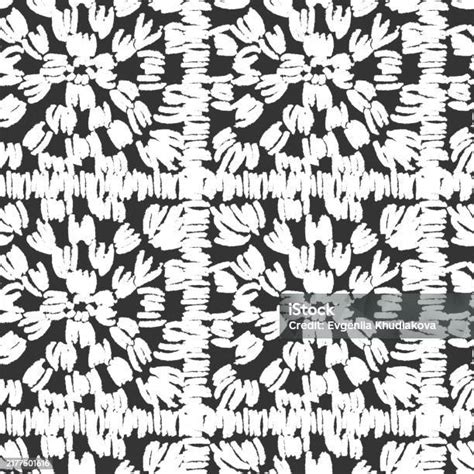 크로 셰 뜨개질 추상 배경 벽지 벡터 Seamless Pattern 레이스 질감 손이나 기계로 뜨개질을 했습니다 직물 가정 직물 포장지를 위한 흑백 인쇄 곡선에 대한 스톡