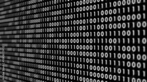 horizontally moving rows of dense binary code consisting of 1s and 0s