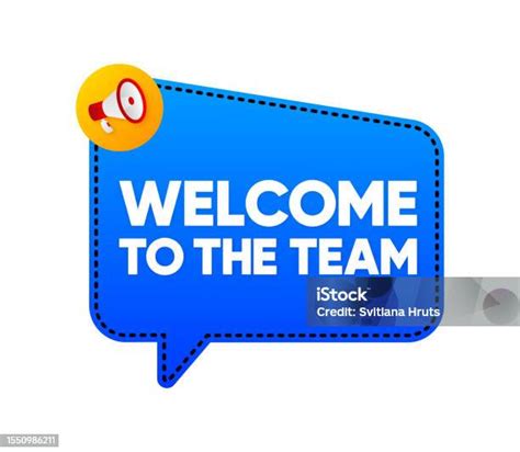 흰색 바탕에 팀 메가폰 파란색 배너에 오신 것을 환영합니다 우리는 고용하고 있습니다 우리 팀에 합류하십시오 벡터 그림입니다 Welcome To The Team