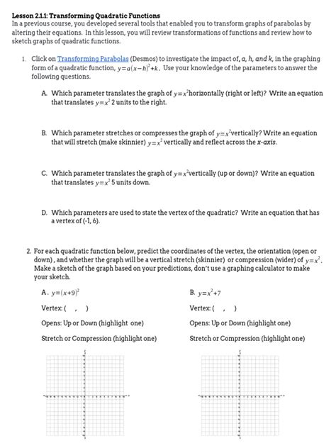 Lesson 2 1 1 Transforming Quadratic Functions Pdf Theoretical Computer Science Combinatorics