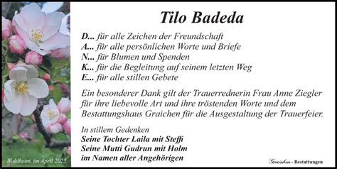 Traueranzeigen Von Tilo Badeda Trauer Anzeigen De
