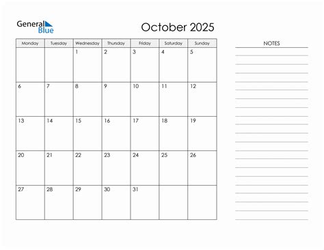 Printable Monthly Calendar With Notes October