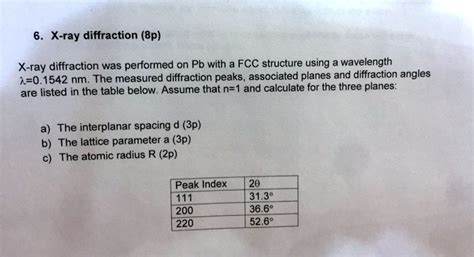 Solved X Ray Diffraction Was Performed On Pb With A Fcc Structure Using A Wavelength Of 0 1542