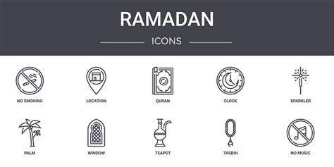 라마단 컨셉 라인 아이콘 세트 웹 로고 위치 시계 손바닥 주전자 타스비 음악 없음 스파클러 꾸란 등 사용할 수 있는 아이콘이 포함되어 있습니다 라마단에 대한 스톡 벡터 아트