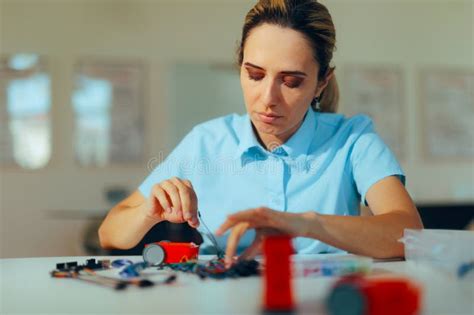 female researcher working in robotics industry stock image image of