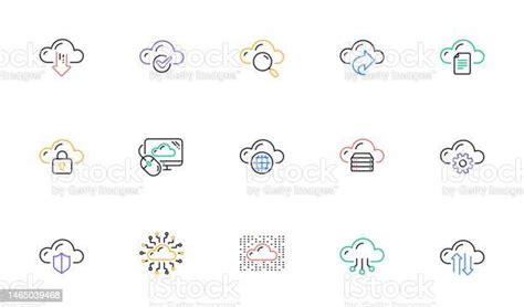 컴퓨터 클라우드 아이콘입니다 호스팅 컴퓨팅 데이터 및 파일 저장소 선형 아이콘 집합입니다 벡터 0명에 대한 스톡 벡터 아트 및