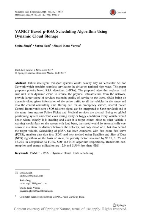 Vanet Based P Rsa Scheduling Algorithm Using Dynamic Cloud Storage Request Pdf