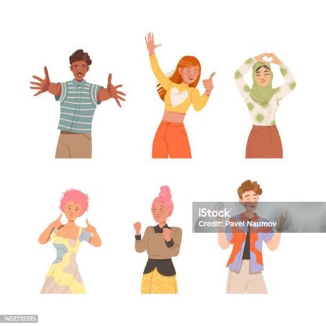 긍정적인 손 제스처를 보여주는 사람들 캐릭터 느낌 행복한 벡터 일러스트 레이 션 세트 안기에 대한 스톡 벡터 아트 및 기타
