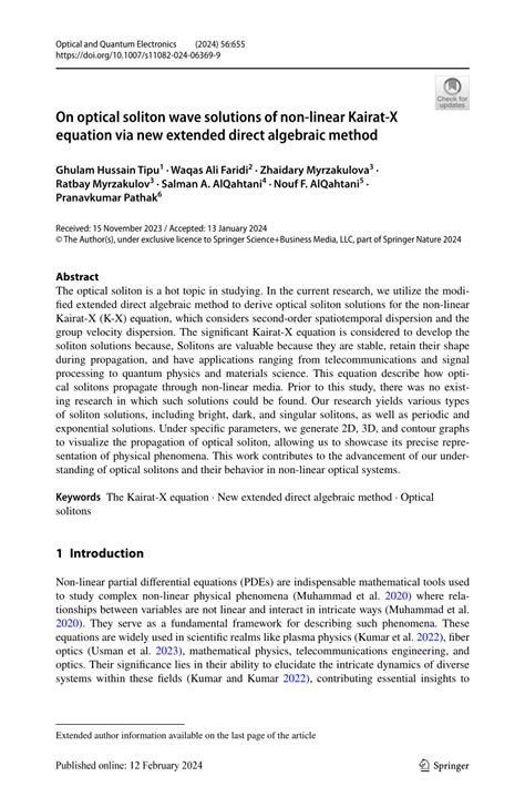 Pdf On Optical Soliton Wave Solutions Of Non Linear Kairat X Equation Via New Extended Direct