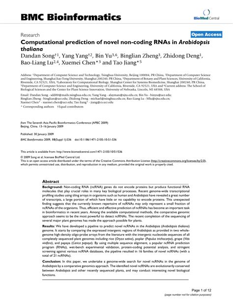 Pdf Computational Prediction Of Novel Non Coding Rnas In Arabidopsis Thaliana