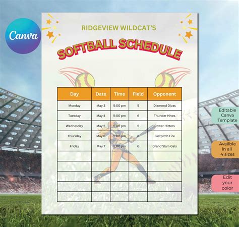 Editable Softball Schedule Template Girls Softball Game Calendar