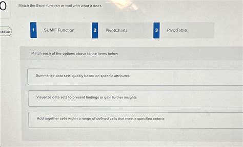 Solved Match The Excel Function Or Tool With What It Chegg Com