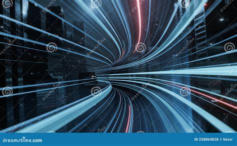 Warp Speed In Hyper Loop With Blur Light From Buildings` Lights In Mega