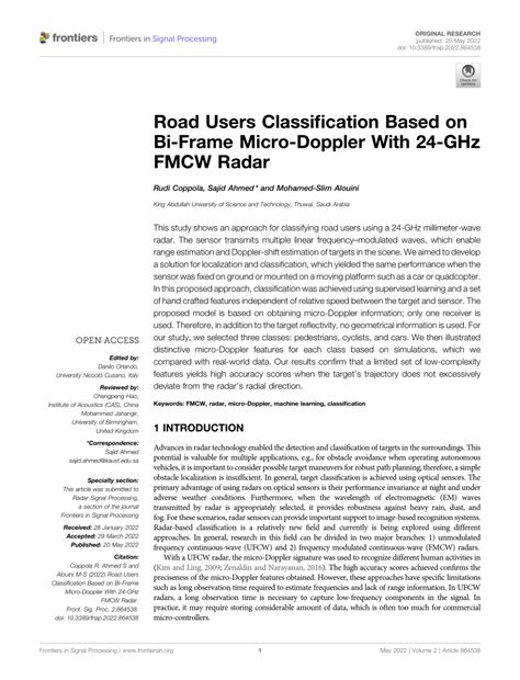 Pdf Road Users Classification Based On Bi Frame Micro Doppler With 24 Ghz Fmcw Radar