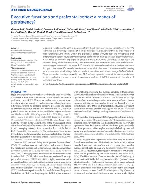 Pdf Executive Functions And Pre Frontal Cortex A Matter Of Persistence